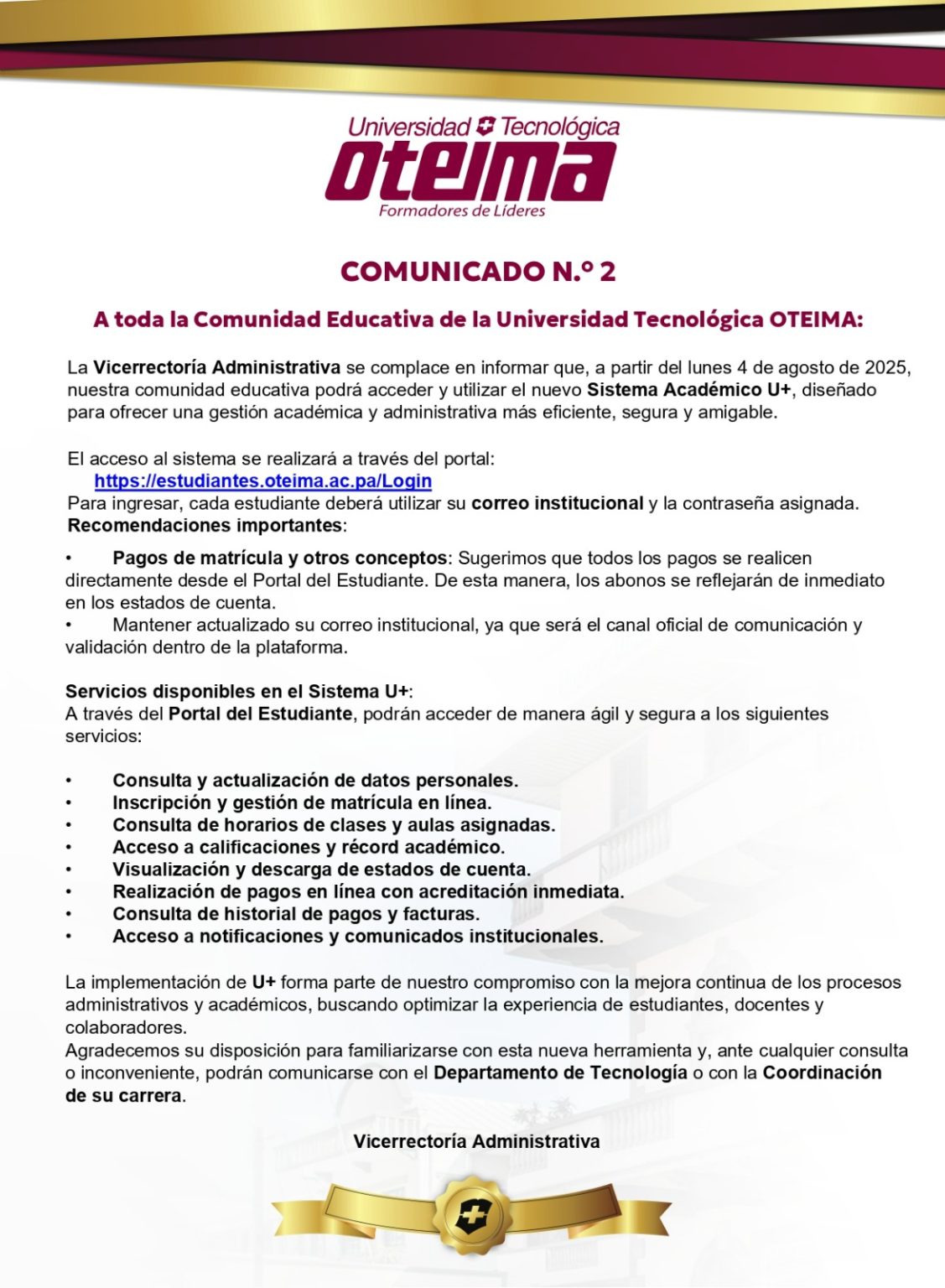 Comunicado N.°2 A toda la Comunidad Educativa de la Universidad ...